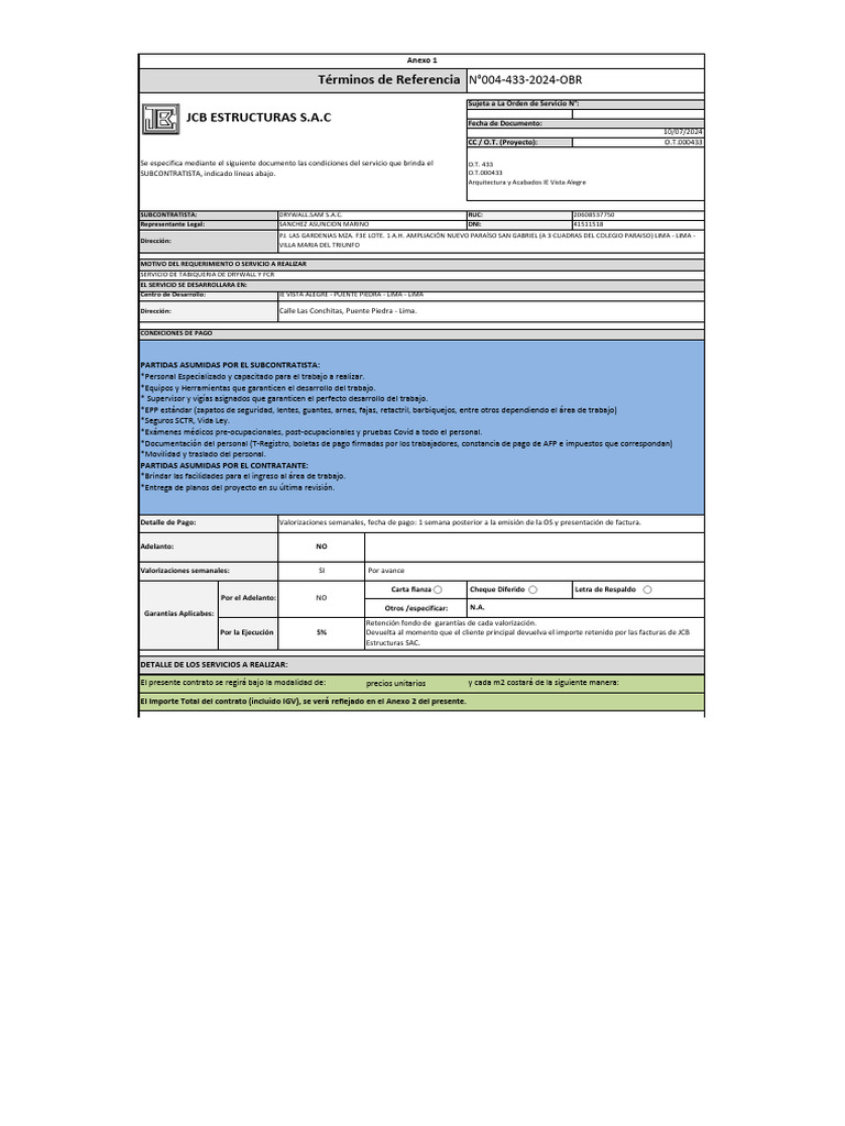 Contrato TDR N°004-433-2024-OBR (DRYWALL SAM) | PDF