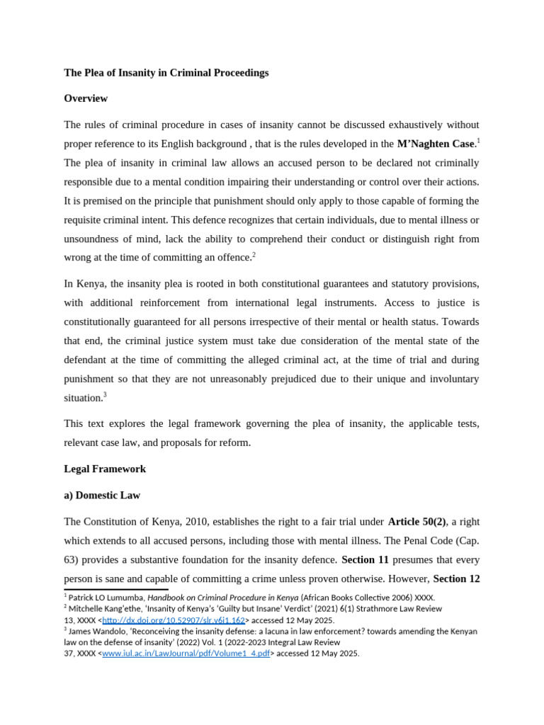 Insanity Plea in Kenyan Criminal Law | PDF | Insanity Defense | Mens Rea
