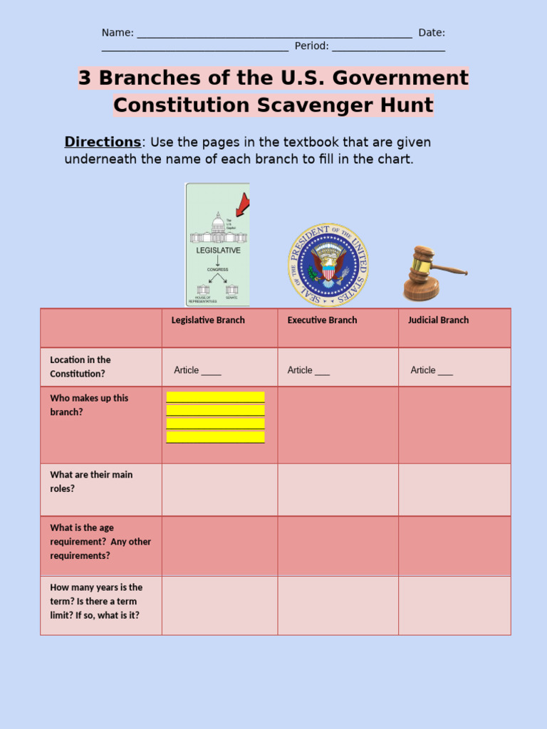 3 Branches of The U.S. Government Constitution Scavenger Hunt | PDF