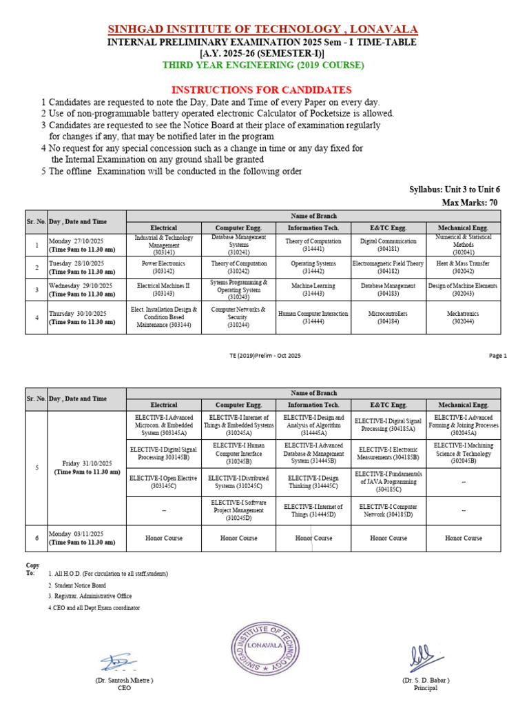 TE SIT Internal Time Table Sem-1 2025-26 Oct 2025 Prelim-1 | PDF | Computer Science | Computer ...