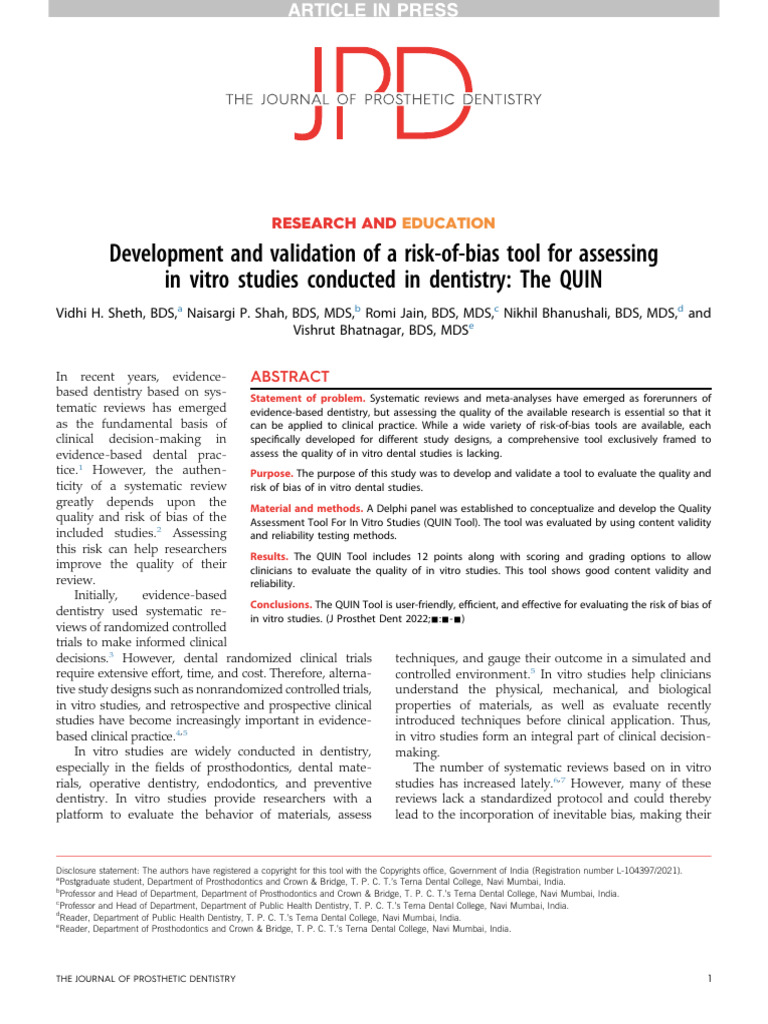 QUIN Tool for in Vitro Study (1) | PDF | Systematic Review | Cronbach's Alpha