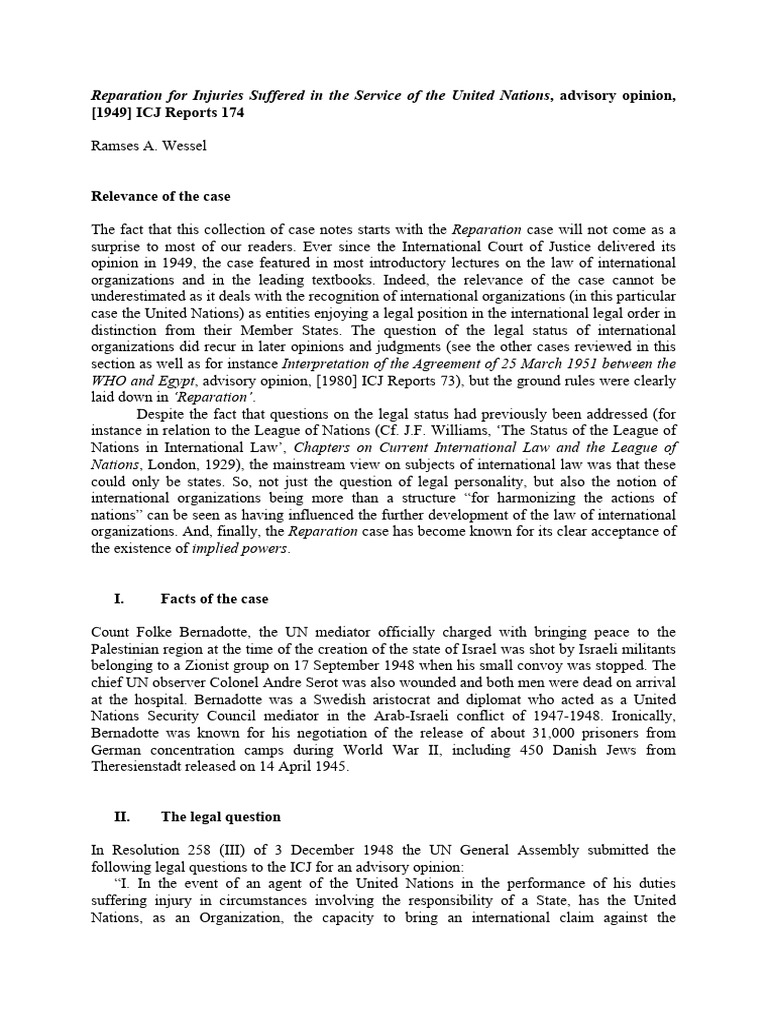Reparation For Injuries Wessel | PDF | International Law | Existence