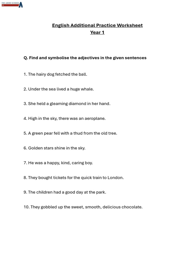 Year 1 Adjective Practice Worksheet | PDF