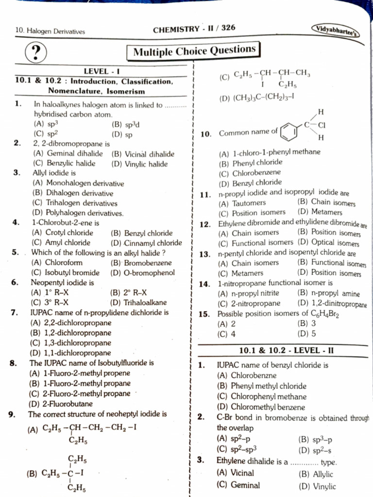 Halogen Derivatives: MCQ Chemistry Guide | PDF | Organic Chemistry ...