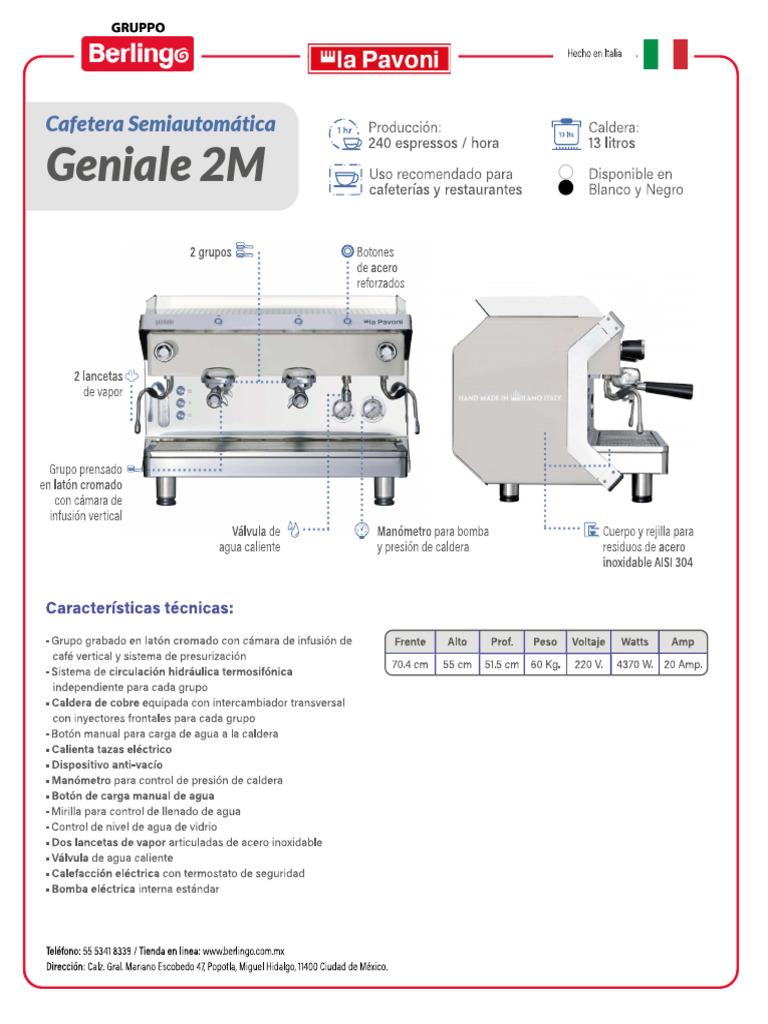 Ficha Tecnica Cafetera Semiautomatica Geniale 2M | PDF
