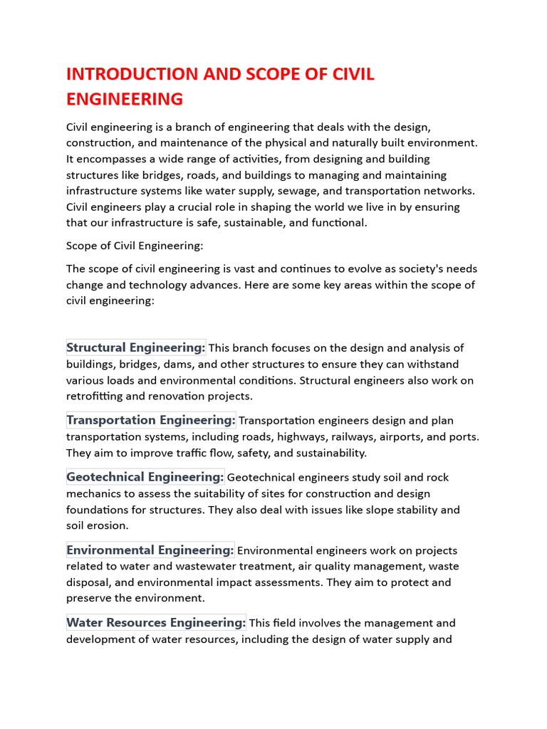 Overview of Civil Engineering Scope | PDF | Surveying | Civil Engineering