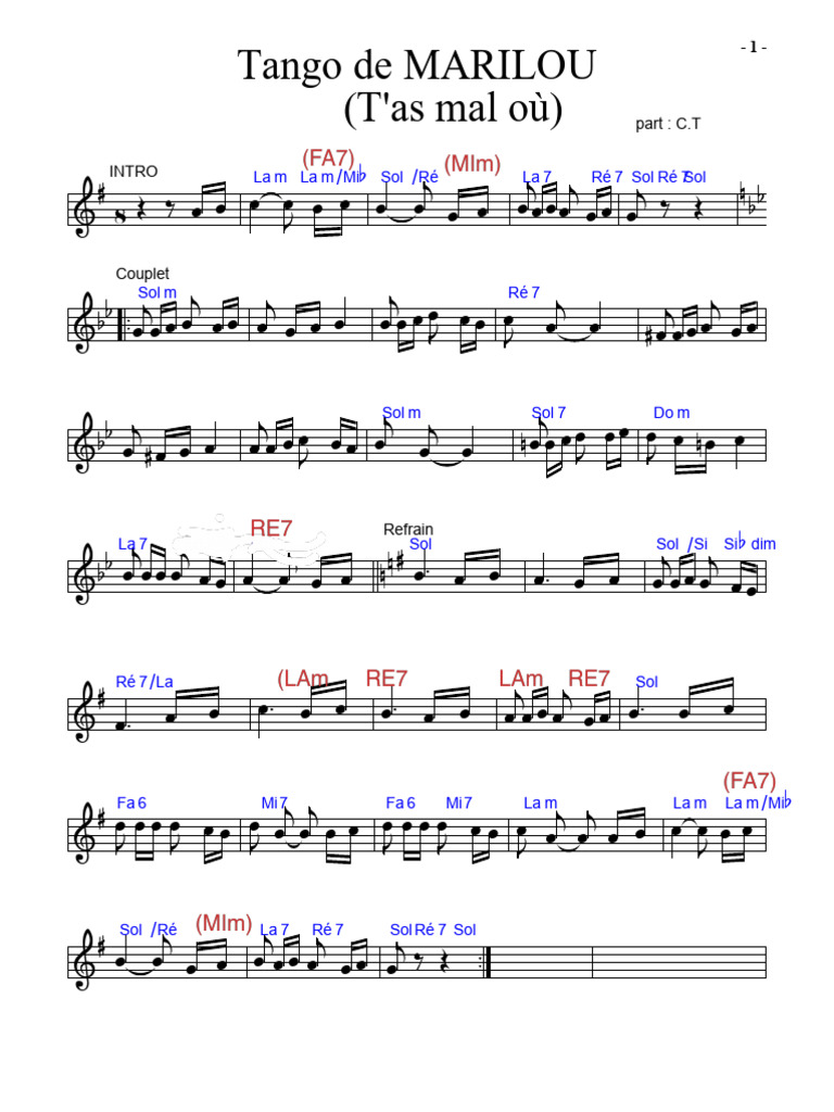 Tango de Marilou (t’as Mal Ou) Part TC | PDF
