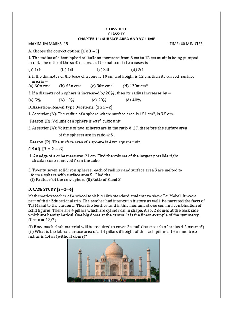20251031014007surface Area and Volume Class Test | PDF