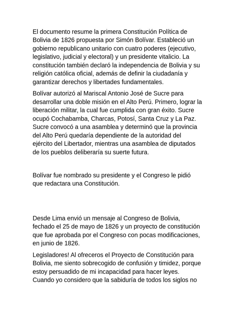 El Documento Resume La Primera Constitución Política de Bolivia de 1826 ...