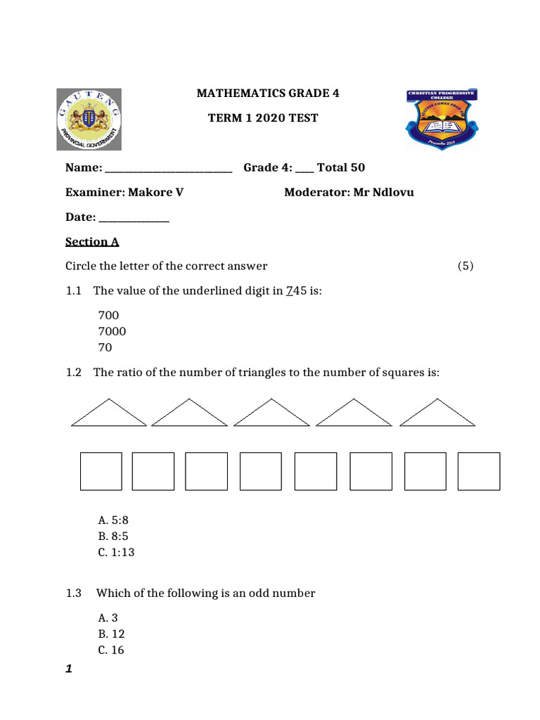 MATHEMATICS GRADE 4 Test Term 1 | PDF | Mathematics