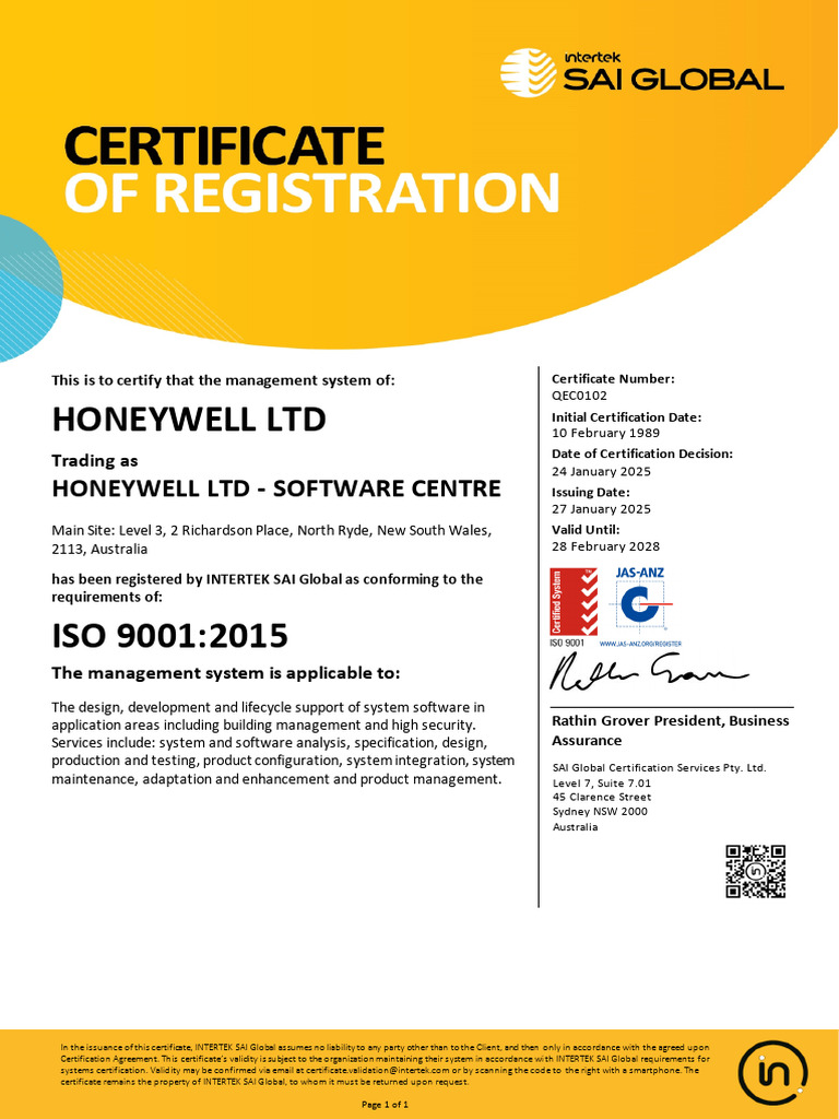 Honeywell Ltd ISO 9001:2015 Certification | PDF | Certification | Computing
