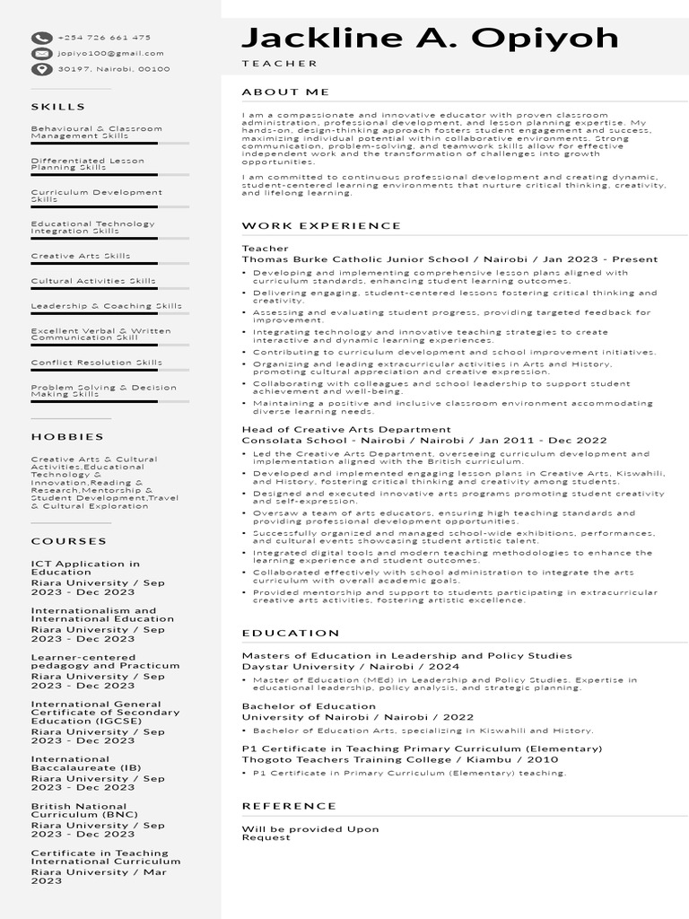 Jackline Opiyoh Resume-1 | PDF | Teachers | Pedagogy