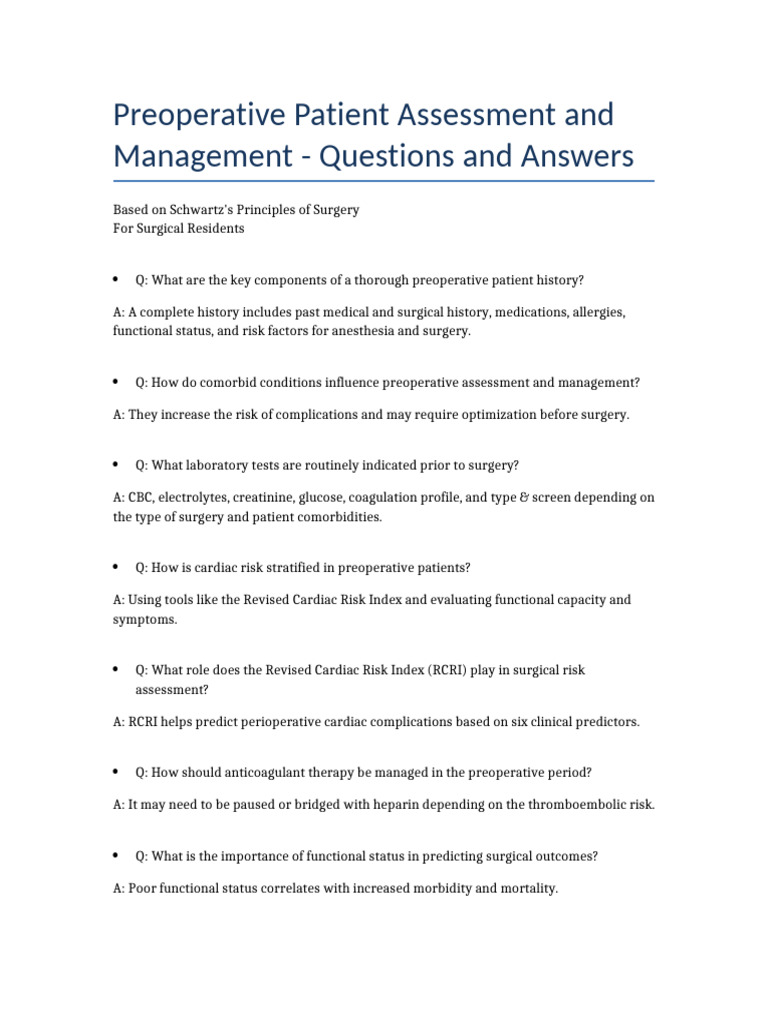 Preoperative Assessment QA | PDF | Surgery | Anesthesia