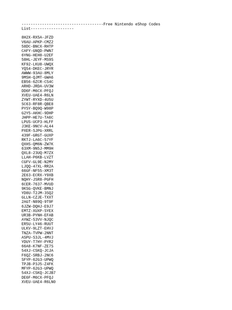 Free Nintendo eShop Codes List | PDF