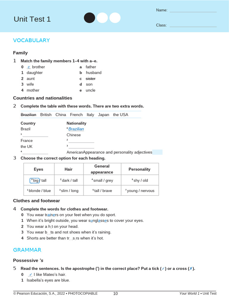 Your World 1 Unit Test: Vocabulary & Grammar | PDF | Johnny Depp | Fashion