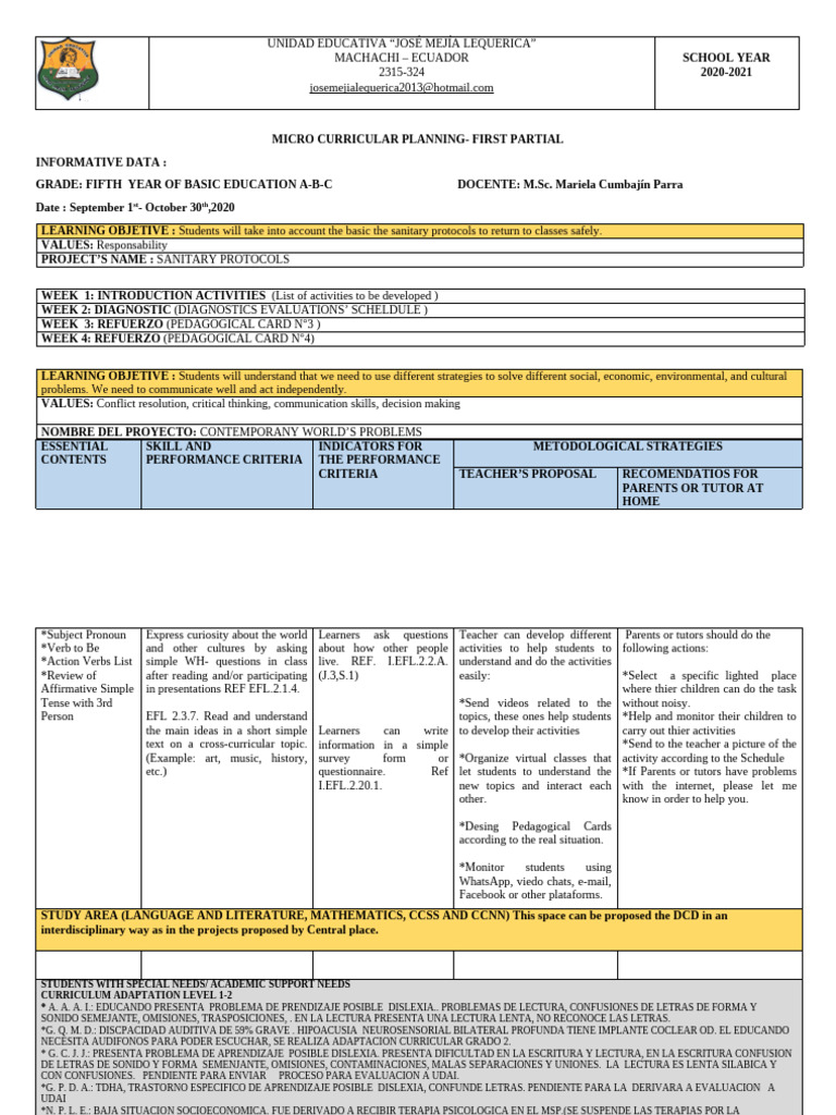5th - Microcurricular 1partial - Mariela | PDF | Learning | Procedural Knowledge