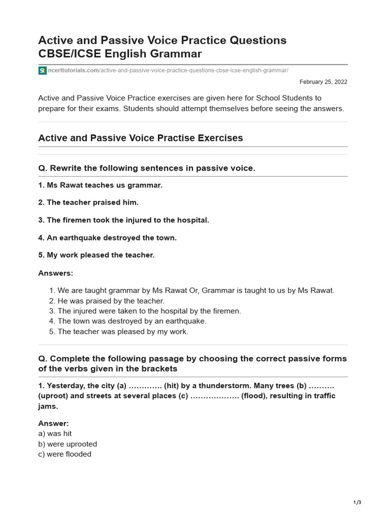 Active and Passive Voice Practice Questions | PDF