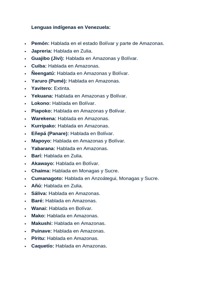 Lenguas indígenas de Venezuela: lista y ubicación | PDF