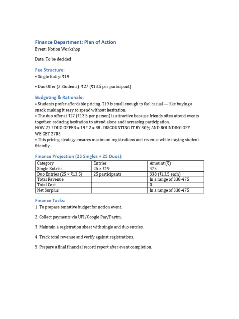 Notion Workshop Finance Plan | PDF