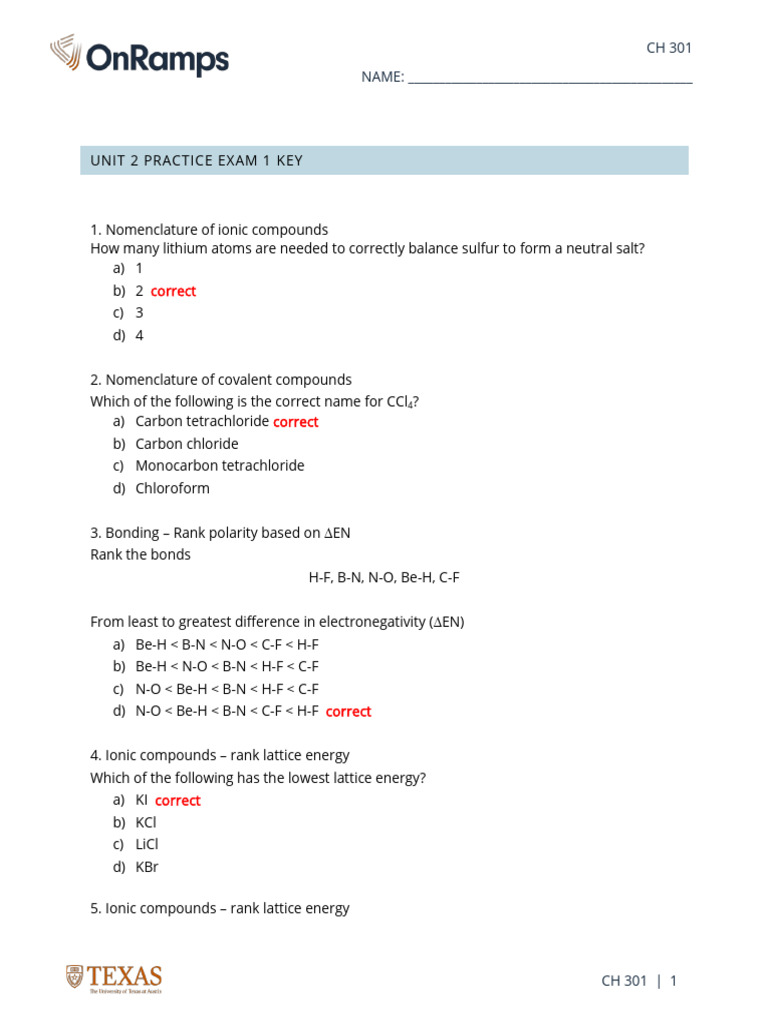 Unit 2 Practice Exam 1 - KEY | PDF | Chemical Bond | Chemical Compounds