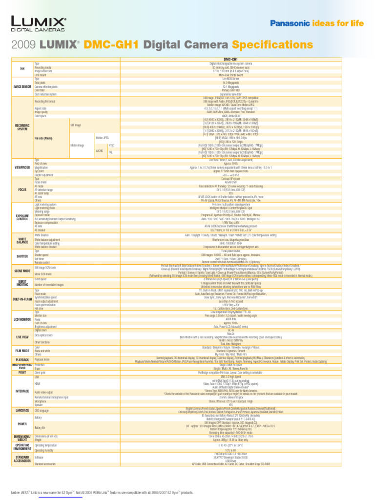 Especificaciones DMC-GH1KEC9R | PDF | Digital Camera | Exposure (Photography)