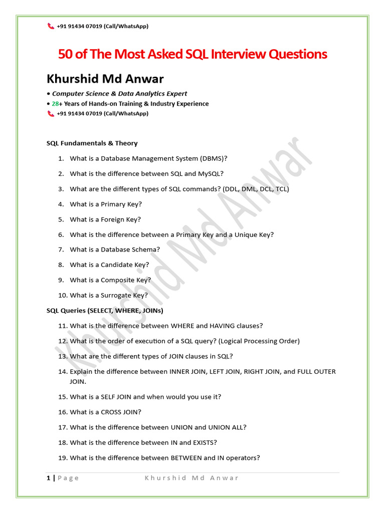 50 SQL Questions For Interview With Answers | PDF | Database Index ...