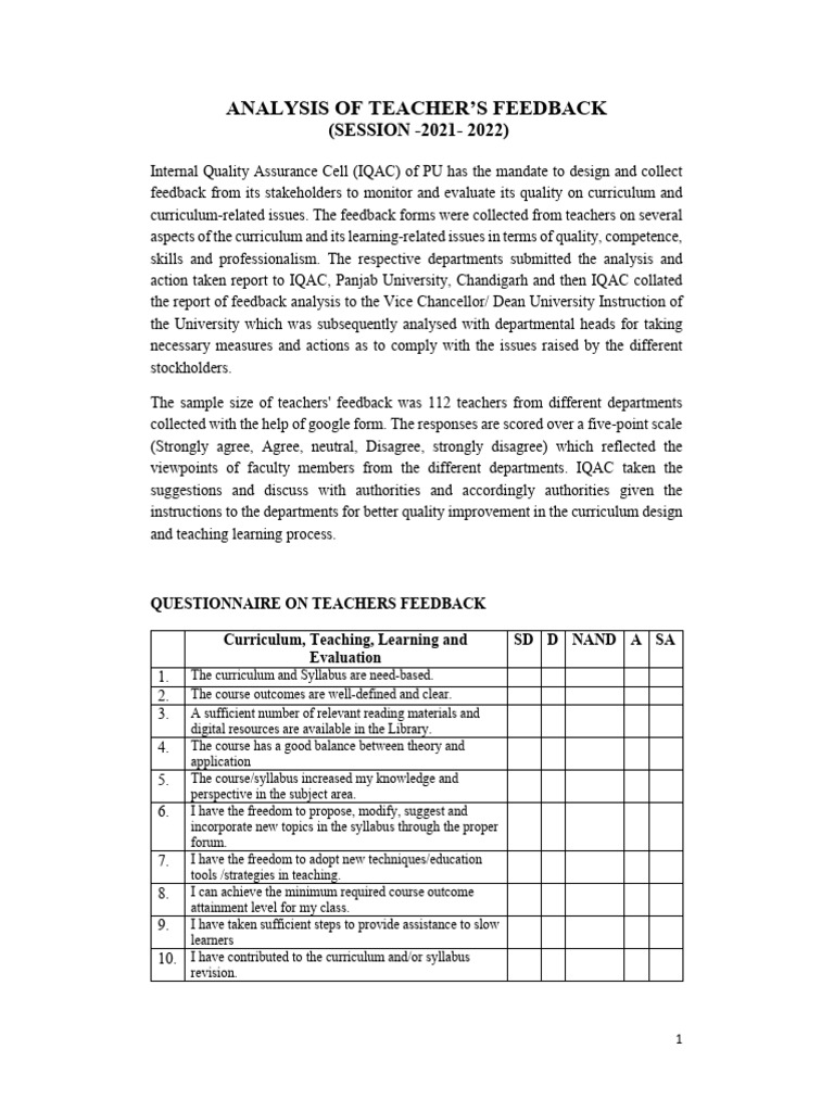 Analysis of Teacher'S Feedback: (SESSION - 2021-2022) | PDF ...