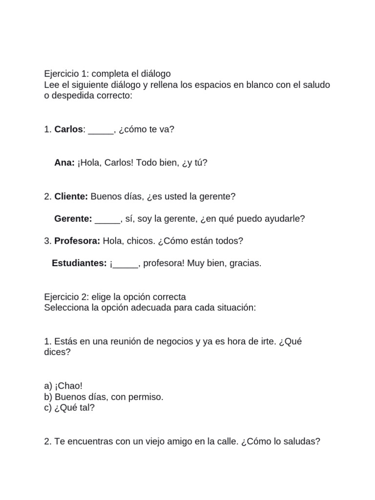 Ejercicios de saludos y despedidas en español | PDF