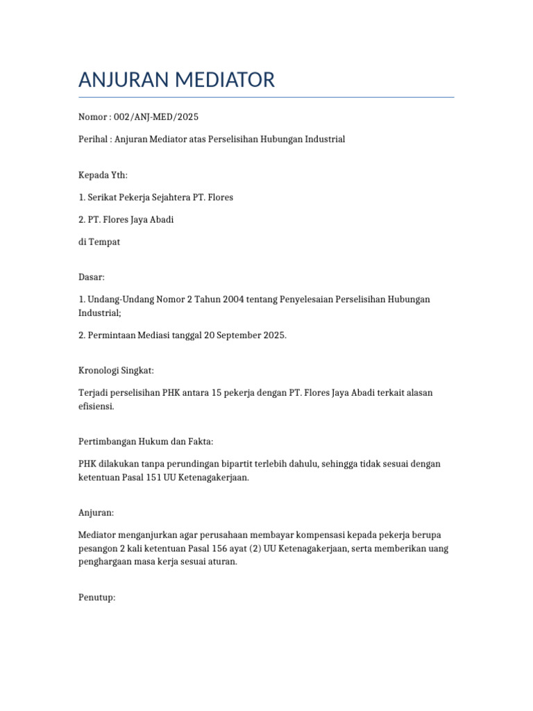 Contoh Anjuran Mediator | PDF