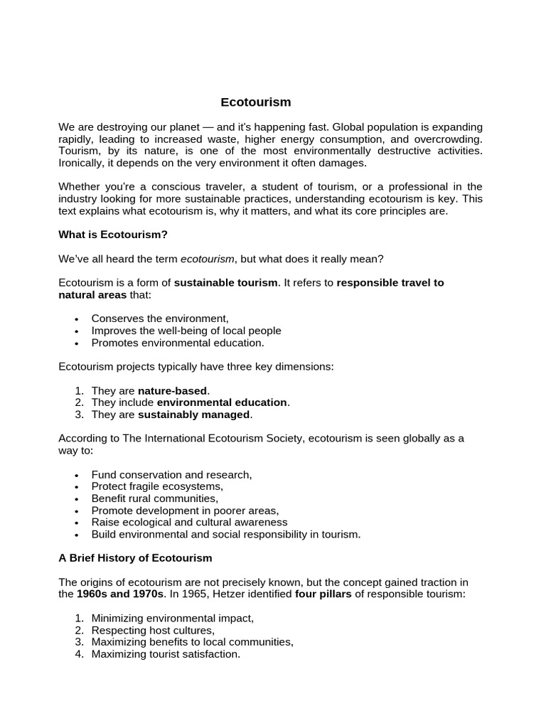 Understanding Ecotourism Principles | PDF | Sustainability | Earth Sciences