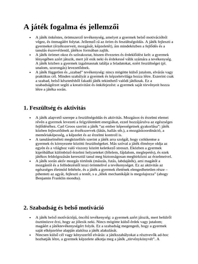 Játék Pedagógia Összefoglaló | PDF