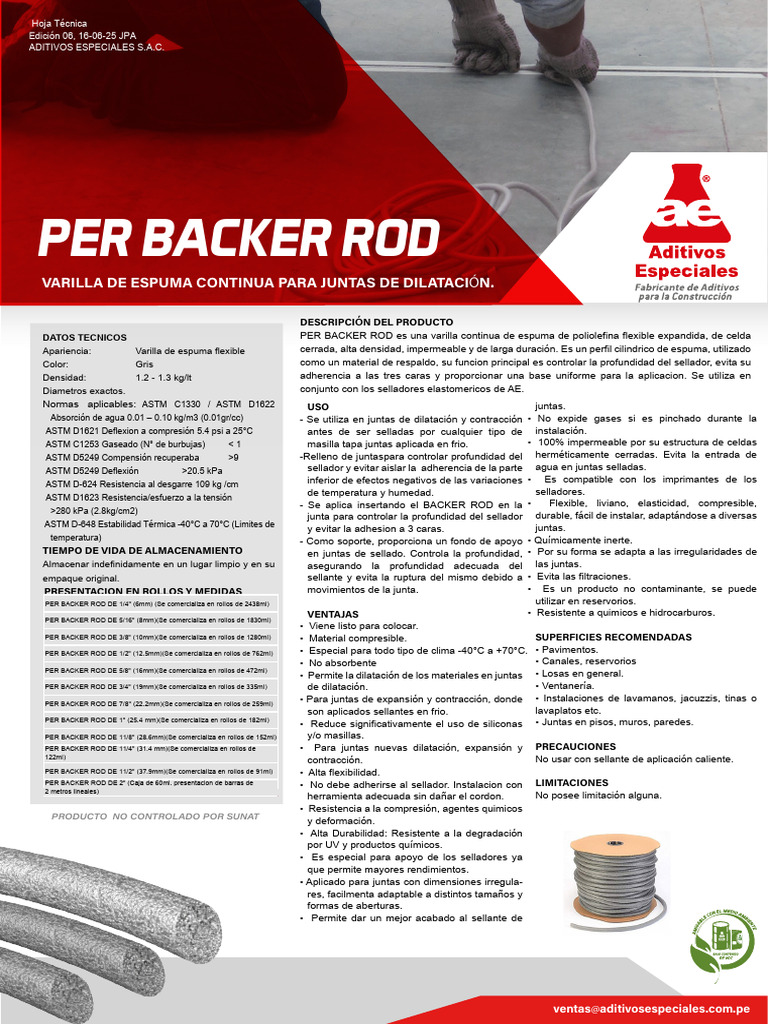FT Per Backer Rod | PDF | Espuma | Materiales de construcción