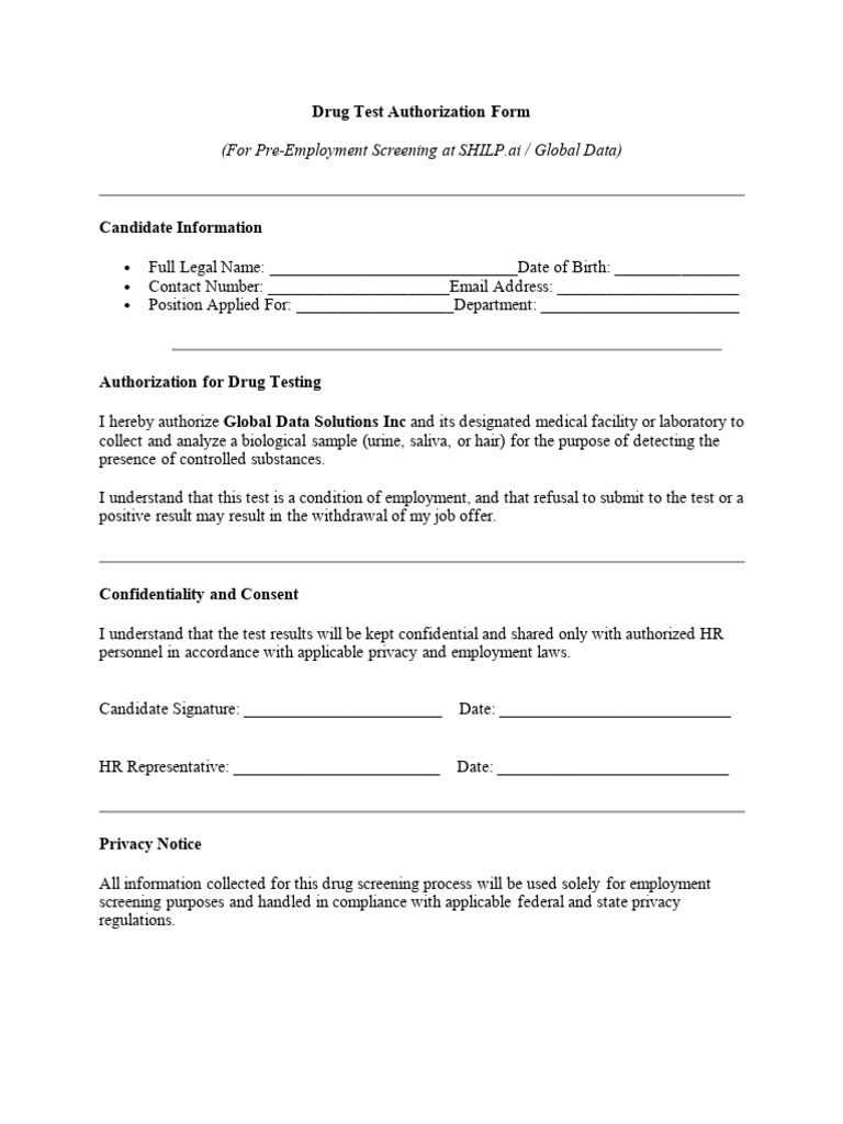 Drug Test Authorization Form for Employment | PDF