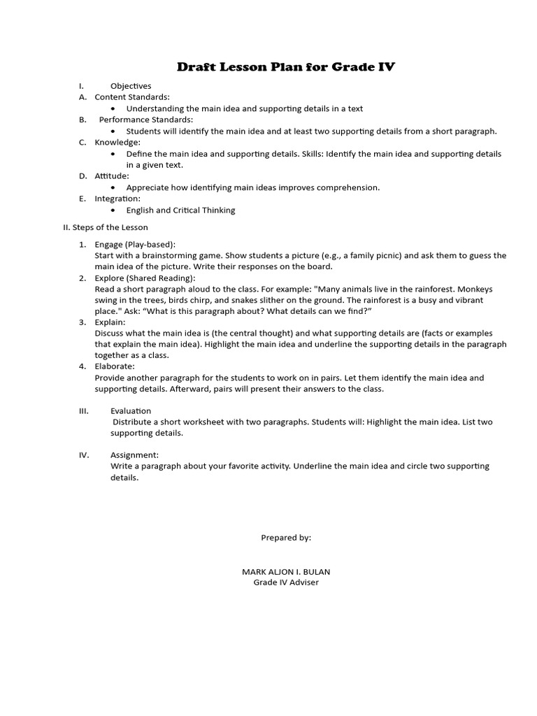 Draft Lesson Plan for Grade IV | PDF