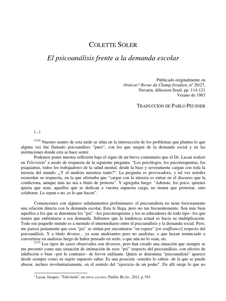 Colette Soler - El Psicoanalisis Frente A La Demanda Escolar - 1983 ...