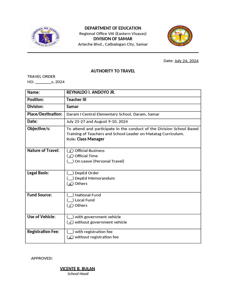 Travel Order 2022 Form For Teachers | PDF