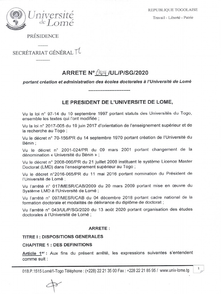ARRETE-N°044-PORTANT-CREATION-ECOLES-DOCTORALES-UL | PDF
