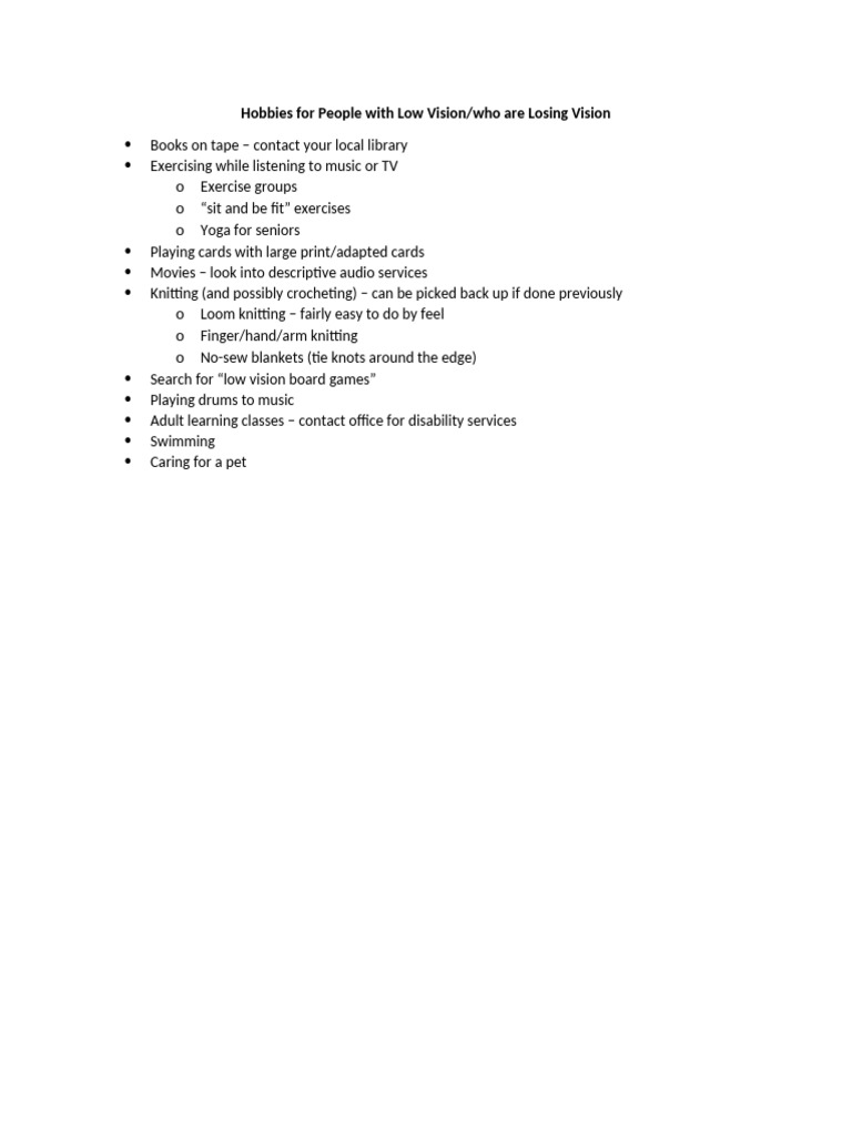 Hobbies For People With Low Vision | PDF