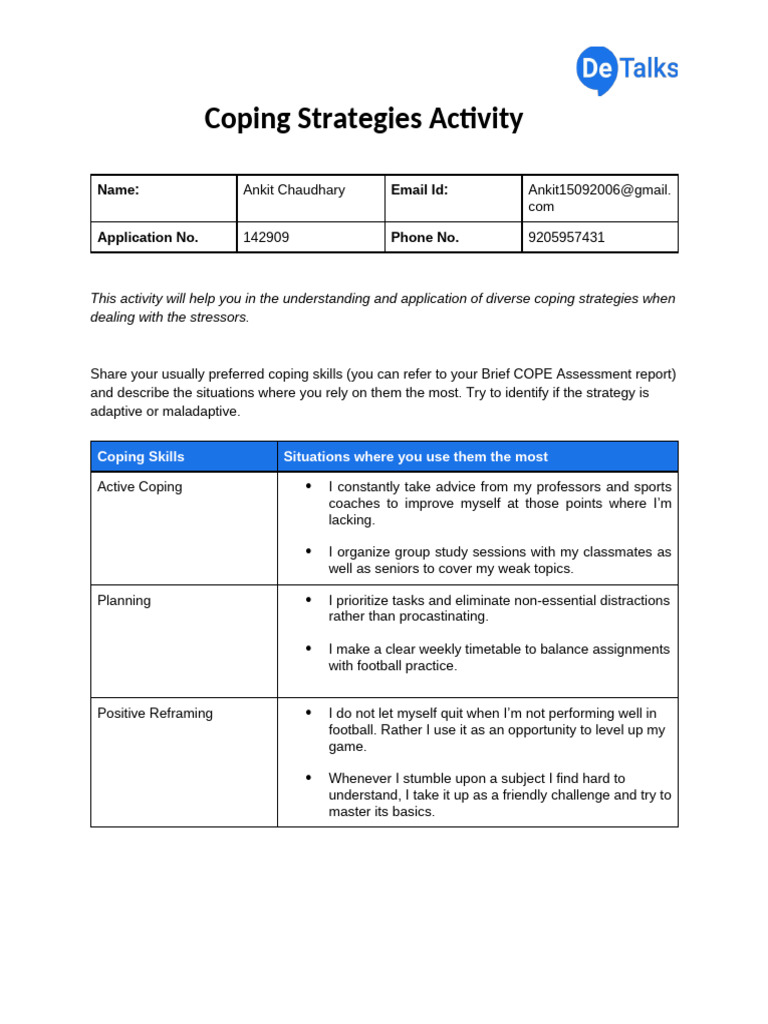 Coping Strategies Activity | PDF | Cognition | Social Psychology