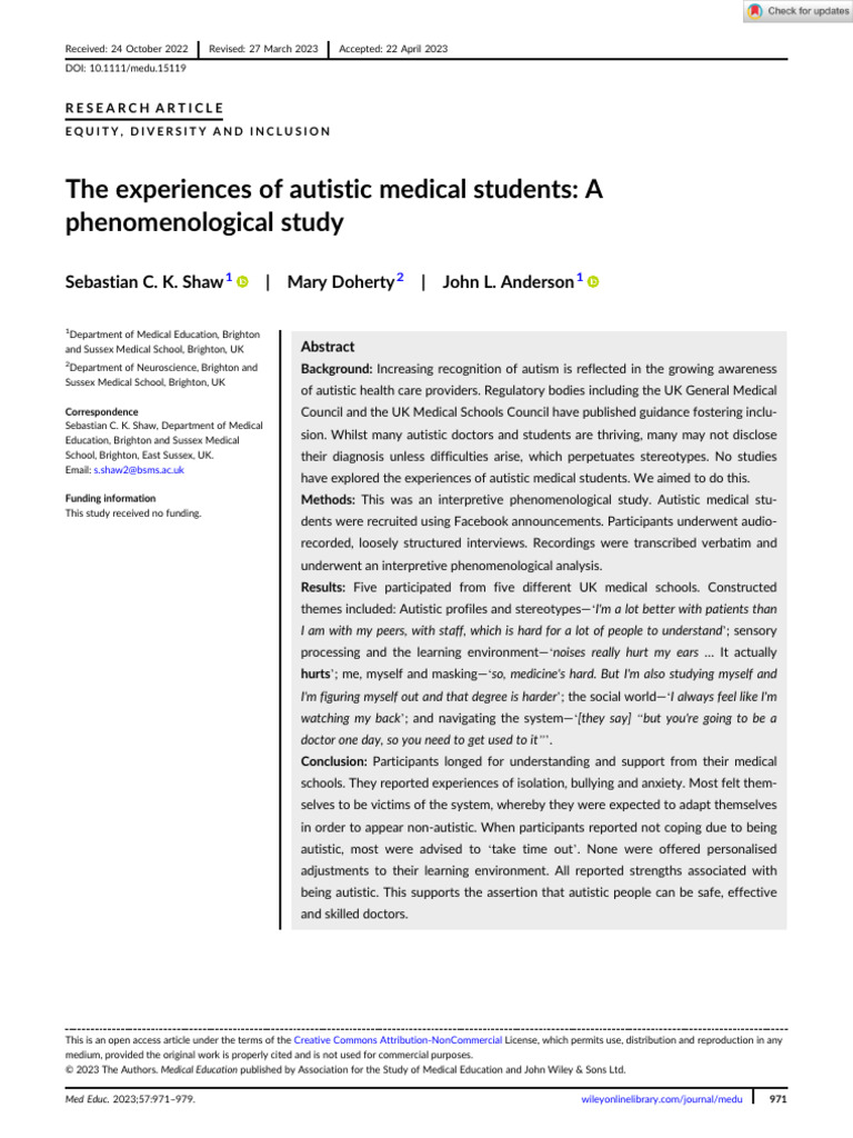 The Experiences of Autistic Medical Students A Phenomenological Study ...