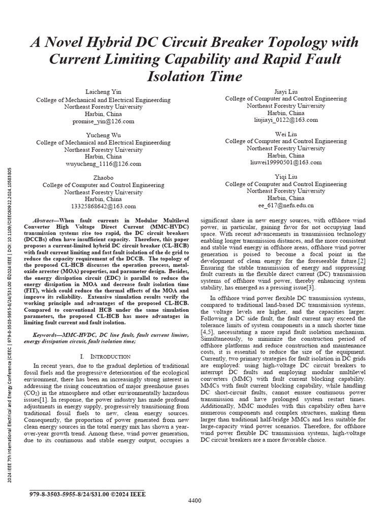A Novel Hybrid DC Circuit Breaker Topology With Current Limiting ...