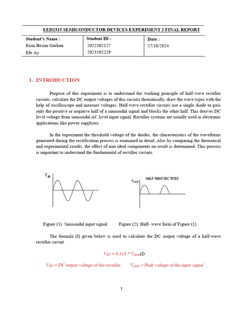 Eed2315 Semiconductor Devices Experiment 2 Final Report (1) | PDF | Rectifier | Diode
