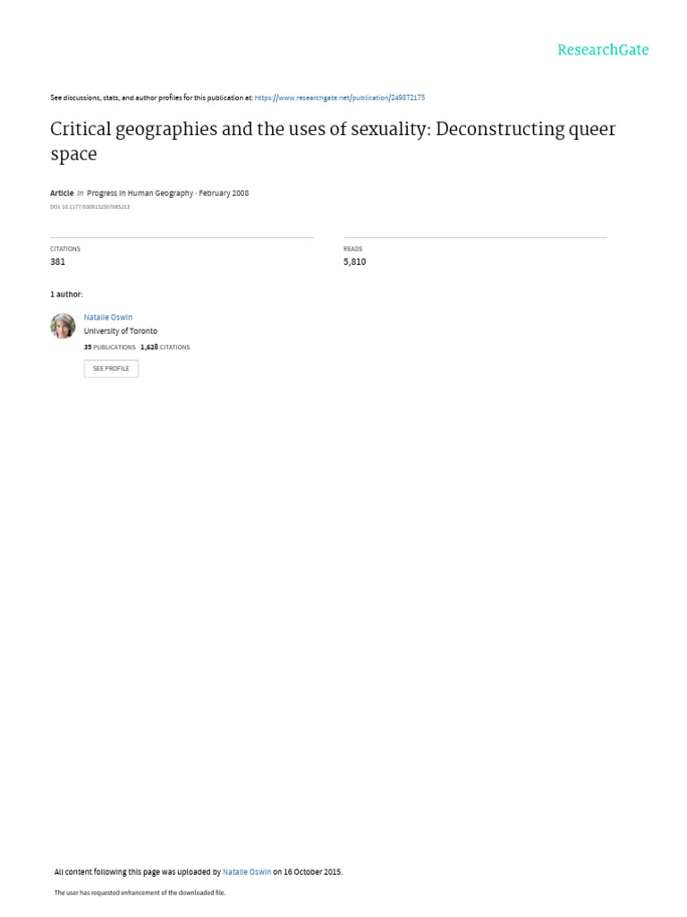 Natalie Oswin Critical Geographies and The Uses of Sexuality Deconstructing Queer Space | PDF ...