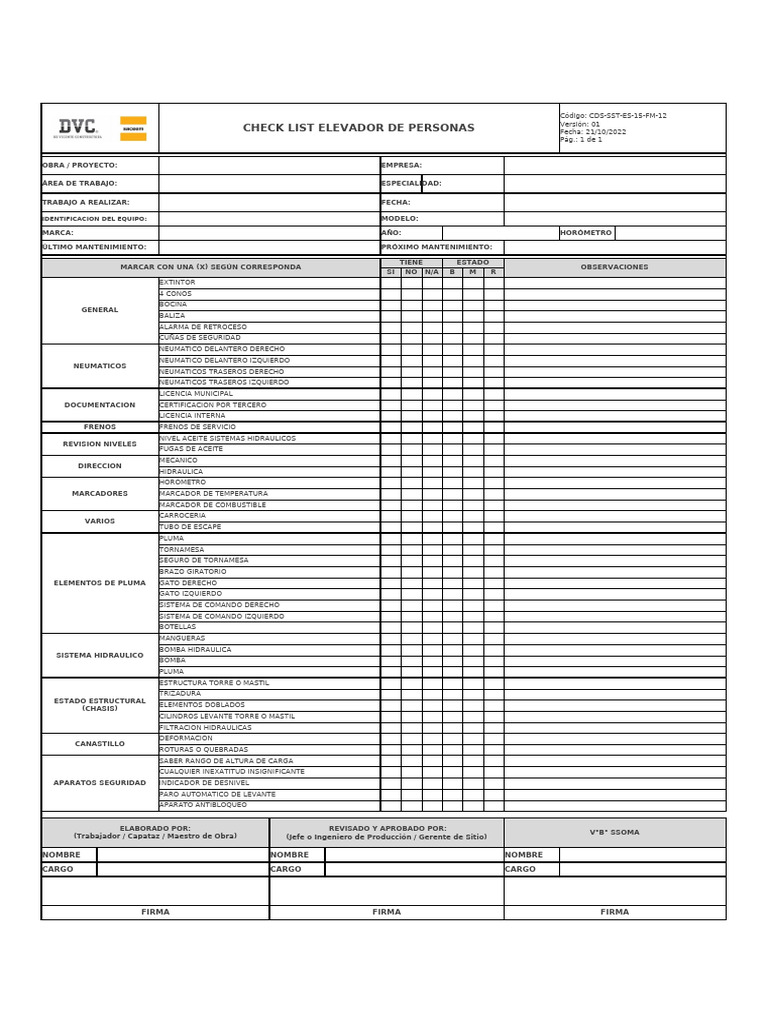 Checklist de Mantenimiento Elevador | PDF | Neumático | Coche