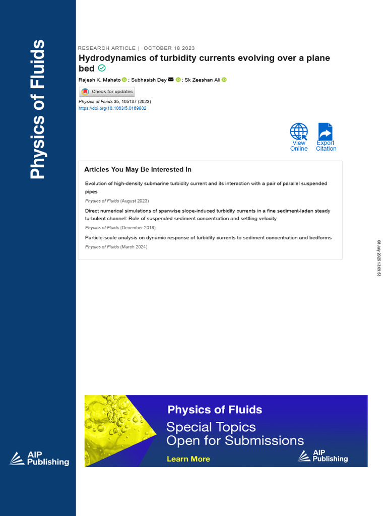2023_Mahato-Et-Al_Hydrodynamics of Turbidity Currents Evolving Over a Plane Bed | PDF | Fluid ...
