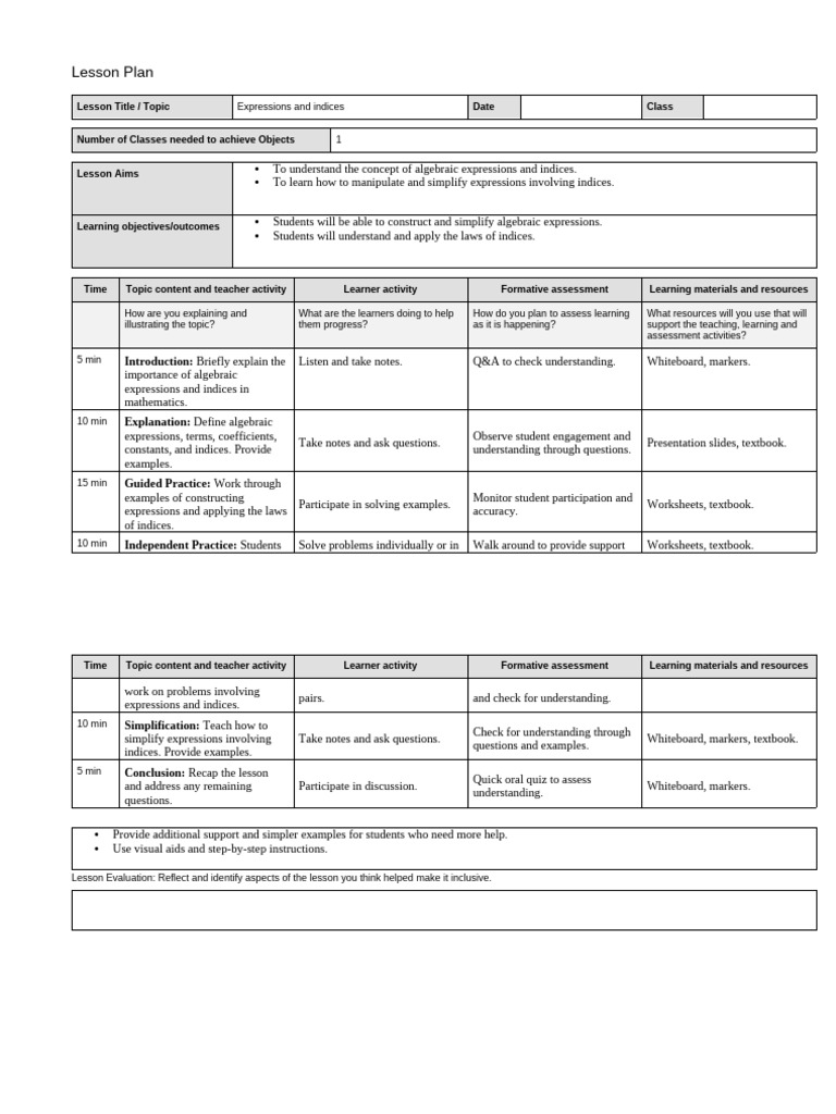 Algebraic Expressions and Indices Lesson Plan | PDF | Educational ...