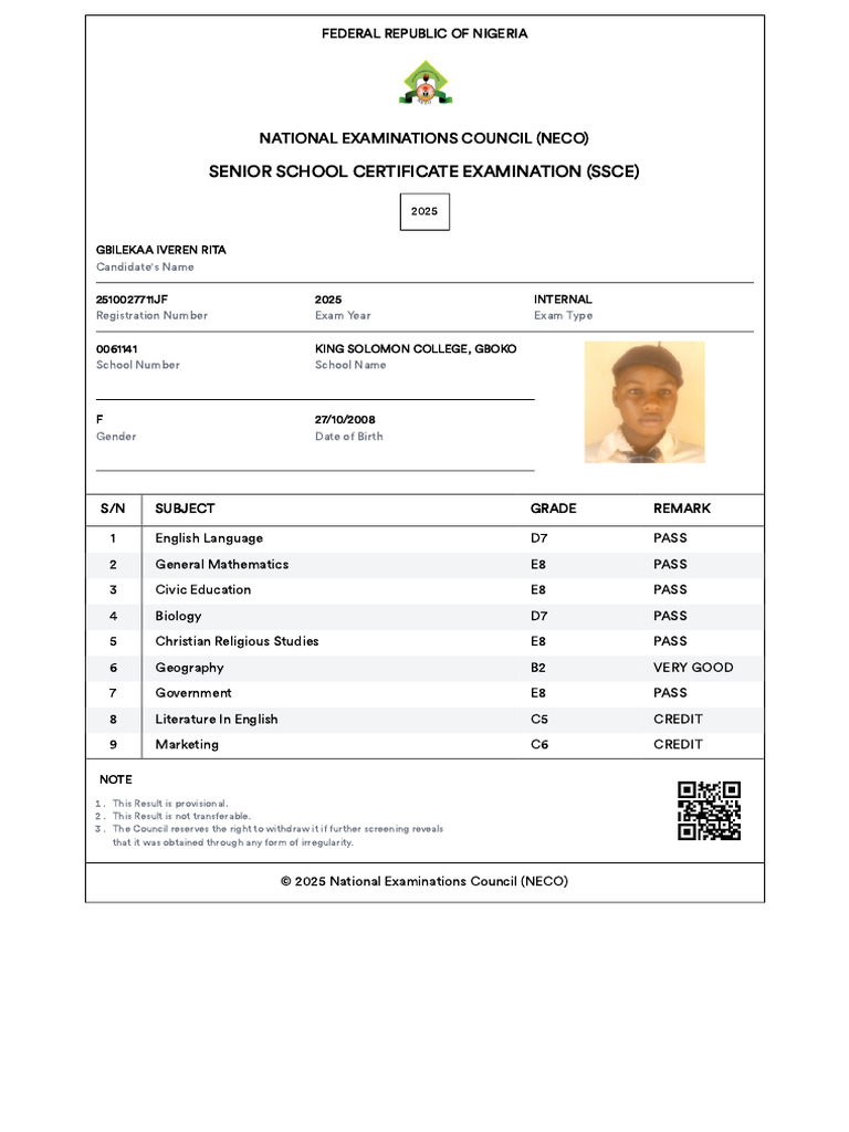 NECO 2025 SSCE Results for Gbilekaa Iveren Rita | PDF