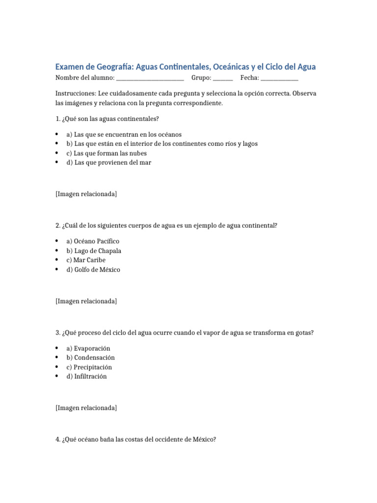 Examen Aguas y Ciclo Del Agua | PDF | El ciclo del agua | Agua