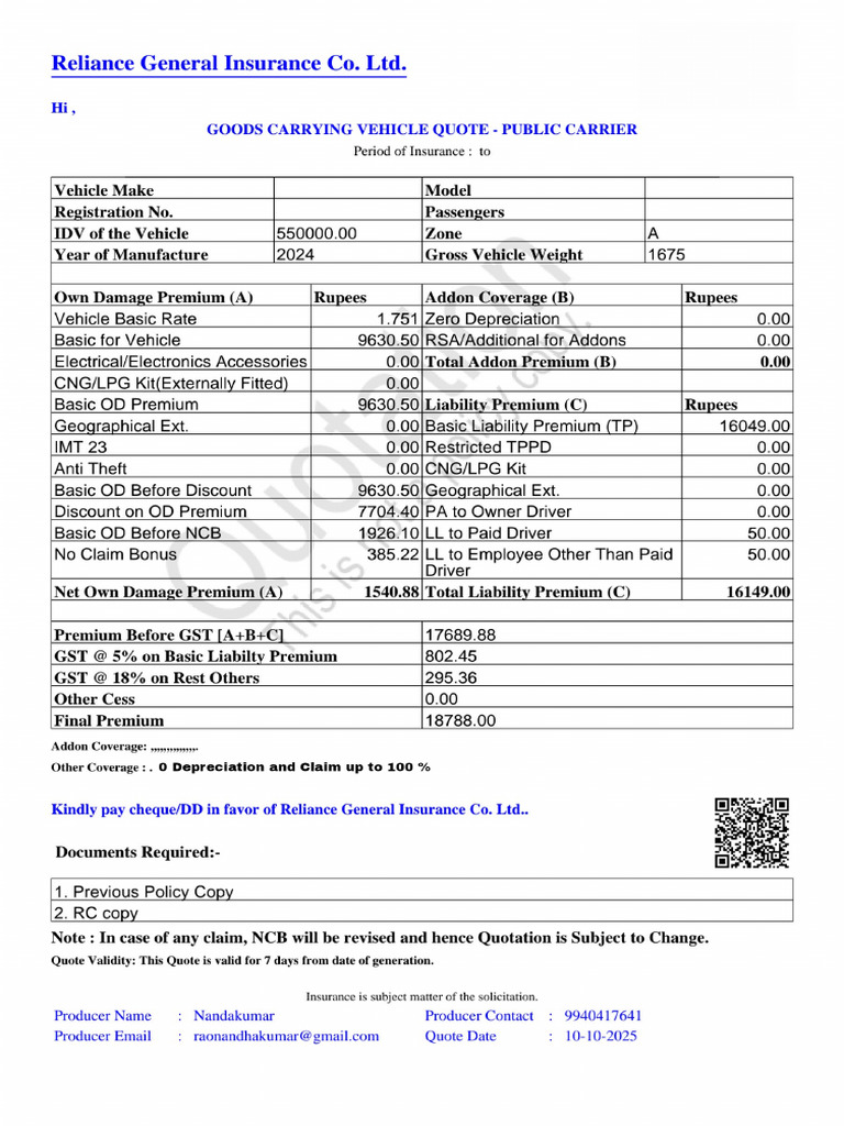 Reliance Insurance Quote | PDF