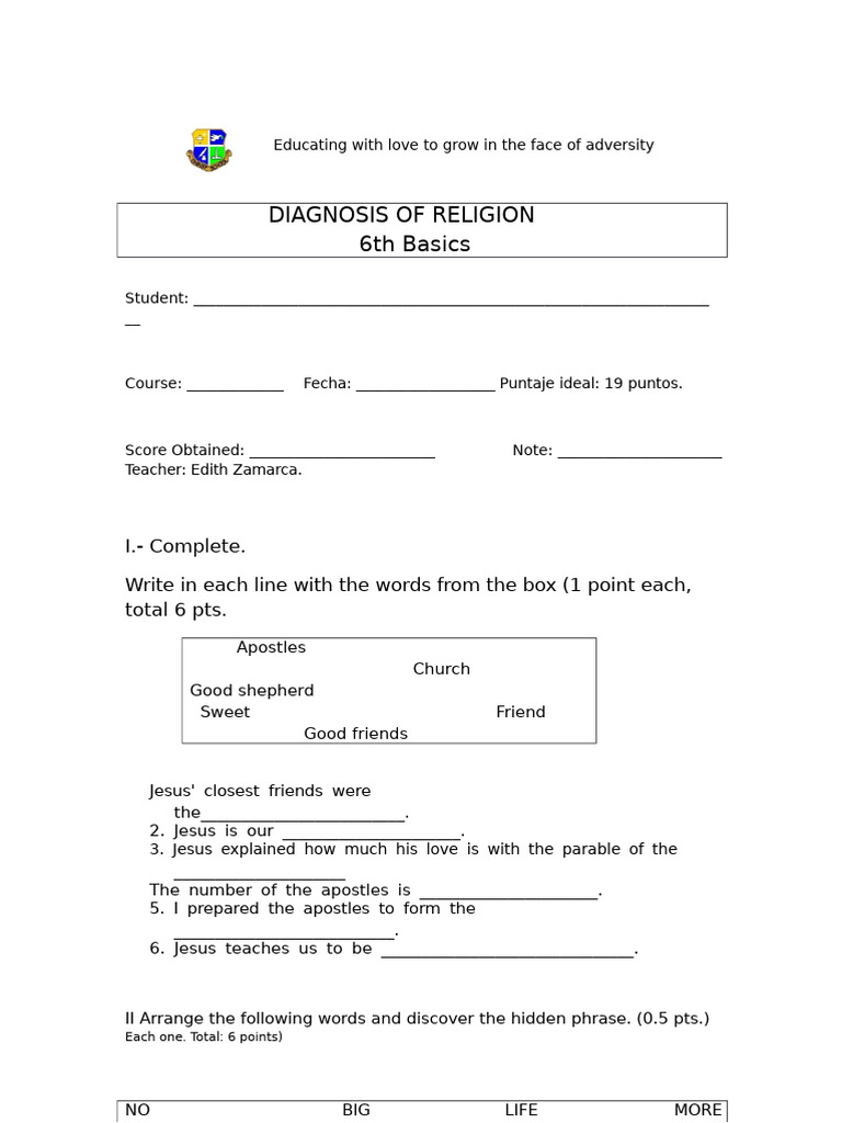 Religion Test Sixth Grade | PDF
